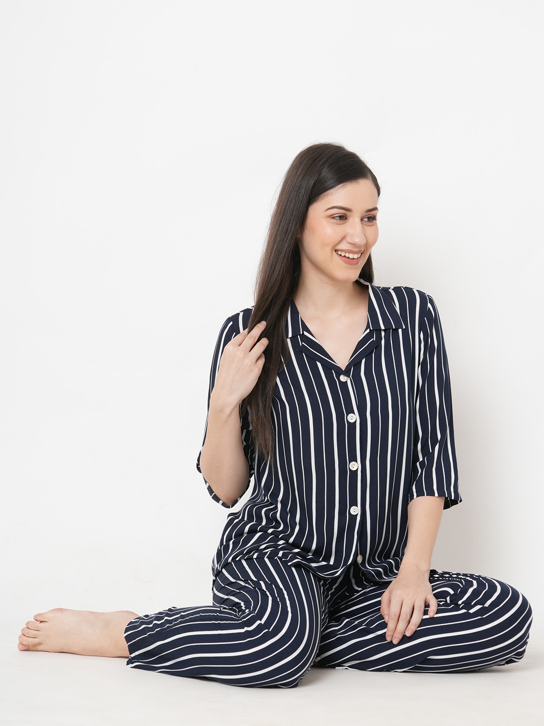 Buy SDL By Sweet Dreams Women Navy Blue & White Striped Night Suit ...