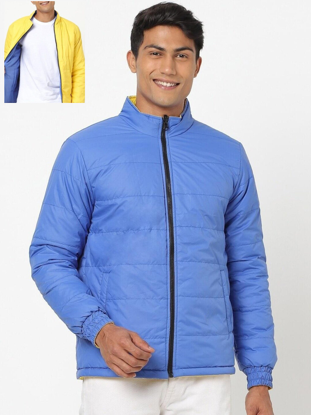 Buy Bewakoof Men Blue& Yellow Solid Reversible Padded Jacket - Jackets ...