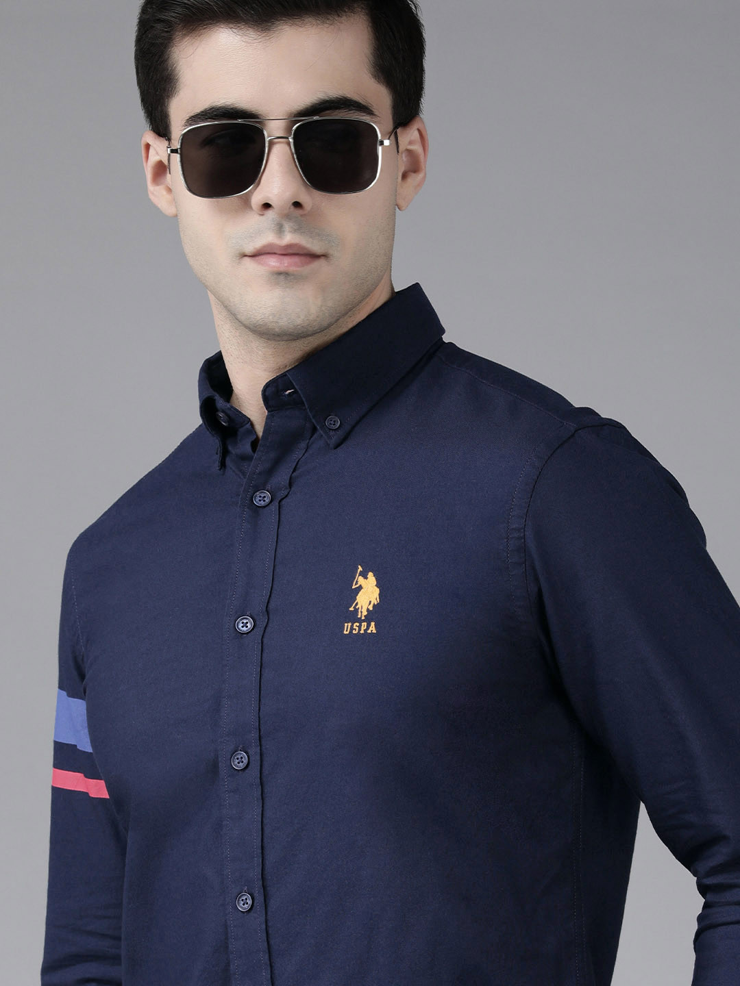 Buy U.S. Polo Assn. Men Navy Blue Solid Tailored Fit Pure Cotton Casual ...