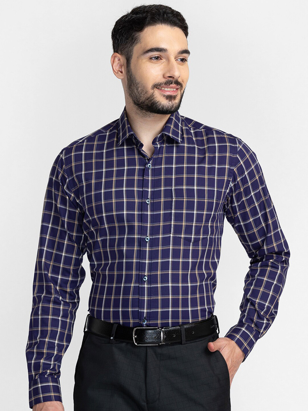 Buy Oxemberg Men Navy Blue Classic Slim Fit Checked Formal Shirt ...