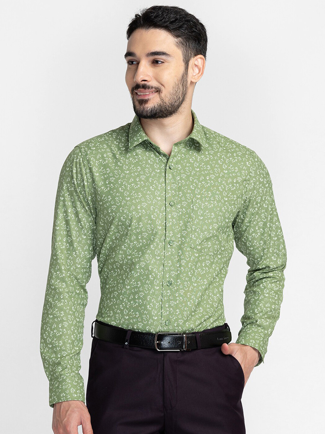 Buy Oxemberg Men Green Classic Slim Fit Floral Printed Formal Shirt ...