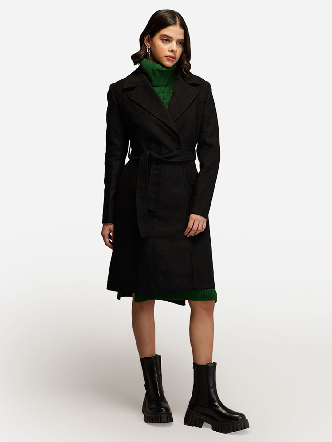 Buy 20Dresses Women Black Solid Double Breasted Knee Length Overcoat ...