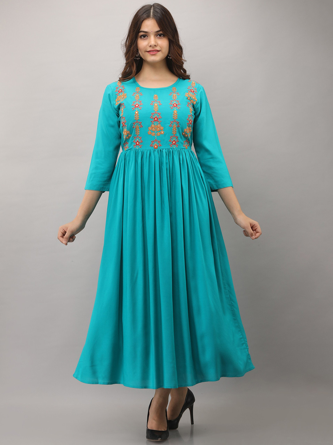 Buy Women Touch Turquoise Blue Solid Embroided Ethnic Midi Dress ...