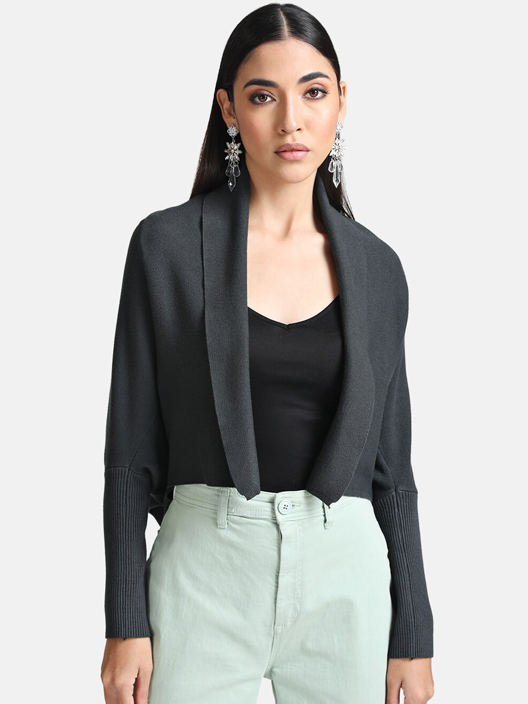 Buy Kazo Women Black Acrylic Lightweight Crop Open Front Jacket ...