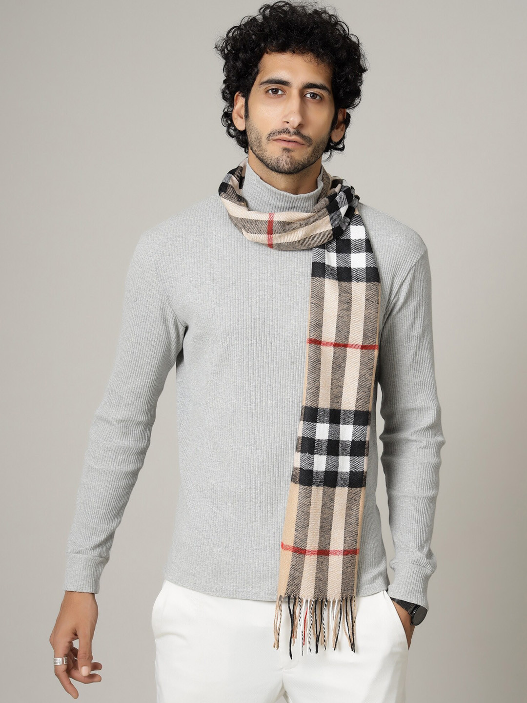 Buy HANDICRAFT PALACE Men Beige & Black Checked Wool Muffler - Mufflers ...