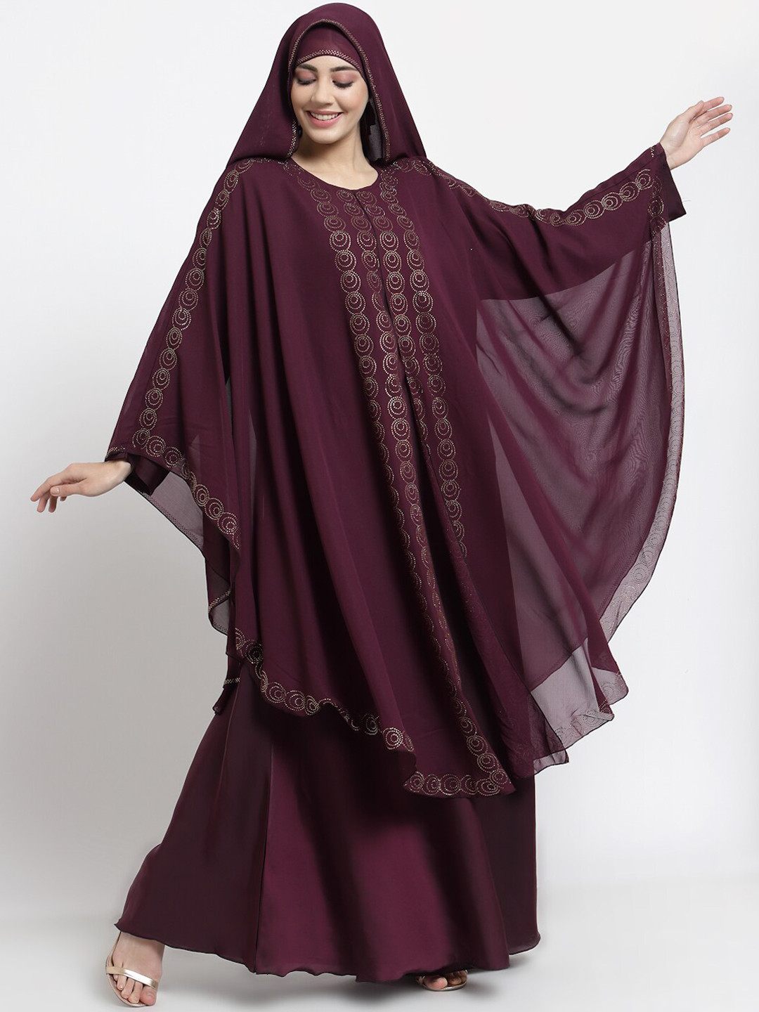 Buy Arrabi Women Purple Embellished Burqa With Scarf - Burqas for Women ...