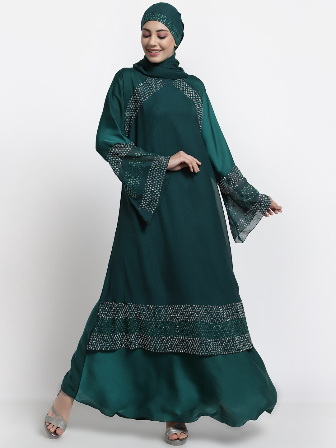 Buy Arrabi Women Green Solid Burqa With Scarf - Burqas for Women ...