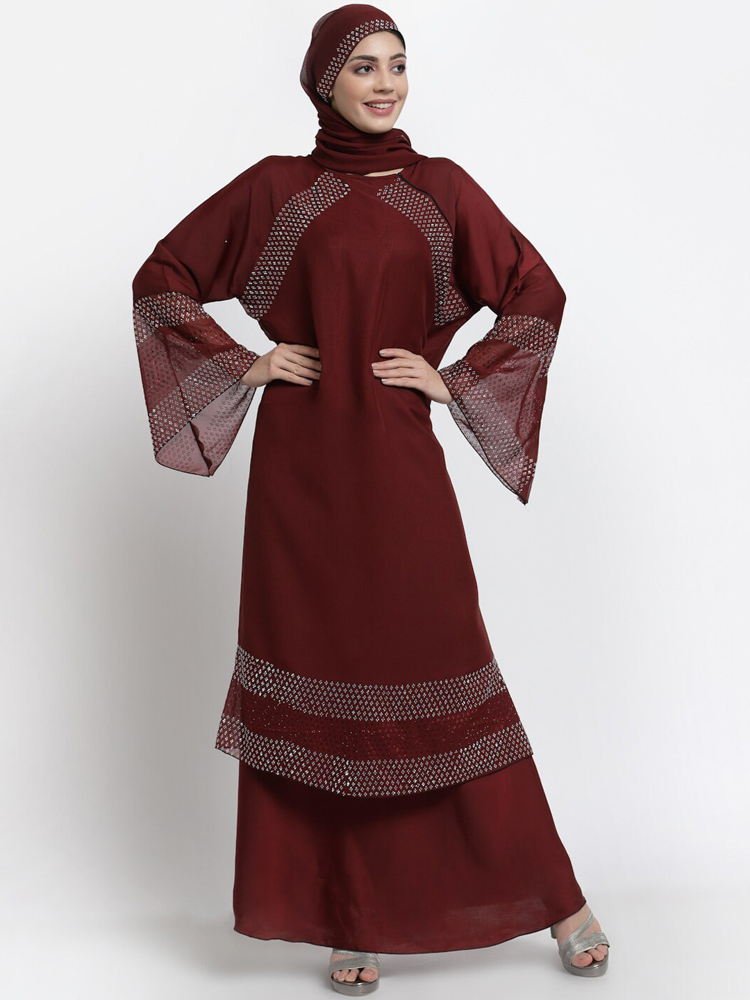 Buy Arrabi Women Maroon Solid Burqa With Scarf - Burqas for Women ...