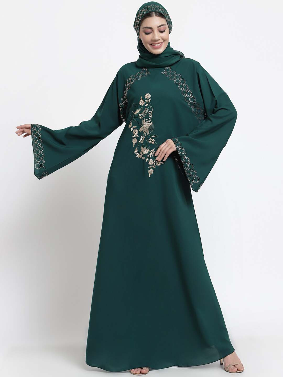 Buy Arrabi Women Green Embroidered Burqa With Scarf - Burqas for Women ...