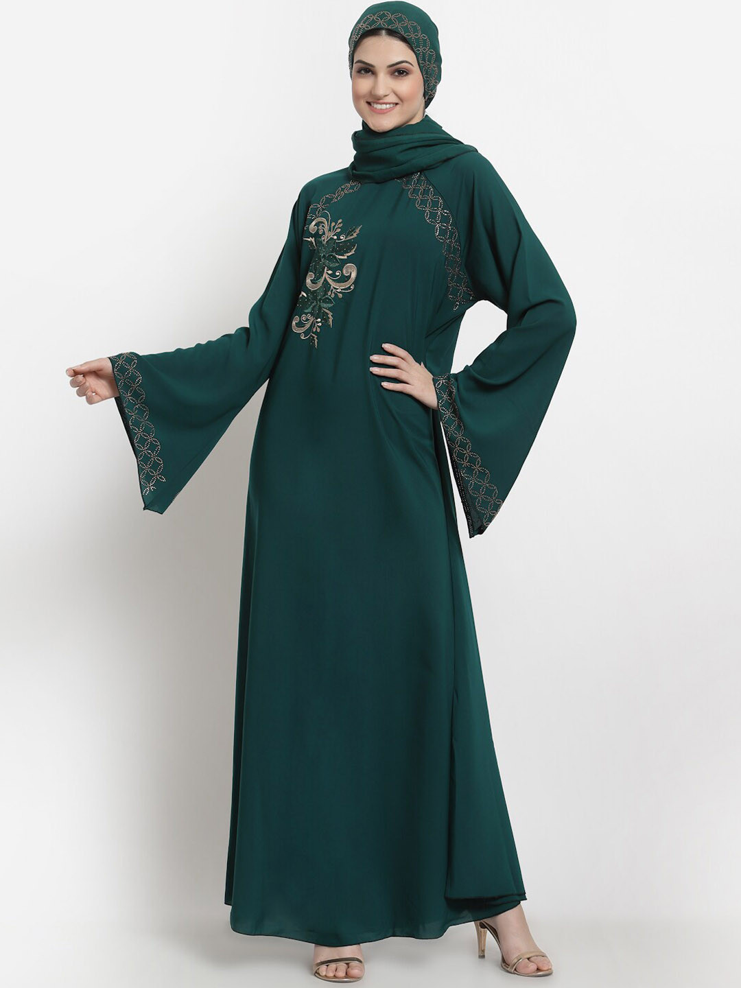 Buy Arrabi Women Green Solid Burqa With Scarf - Burqas for Women ...