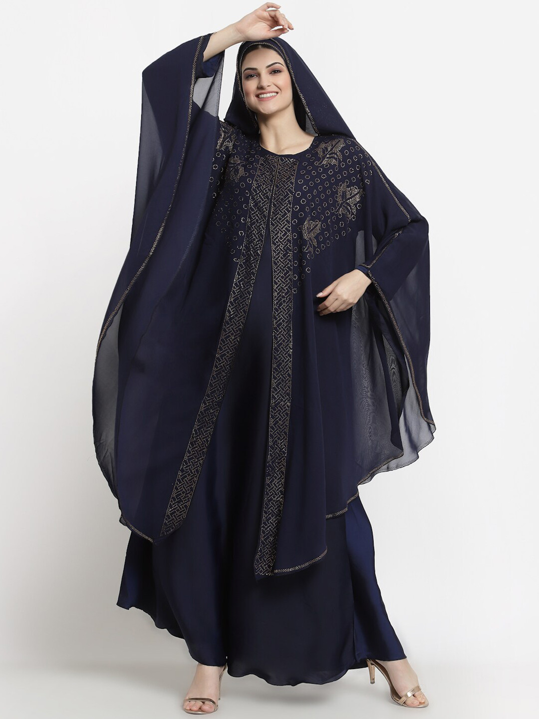 Buy Arrabi Women Blue Embellished Burqas With Scarf - Burqas for Women ...