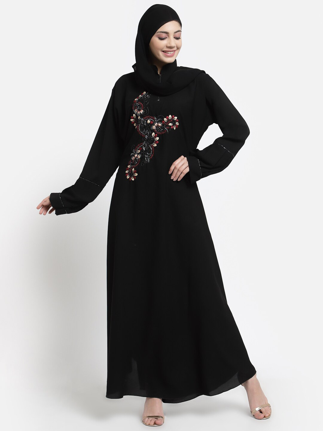 Buy Arrabi Women Black Embellished Burqas With Scarf - Burqas for Women ...