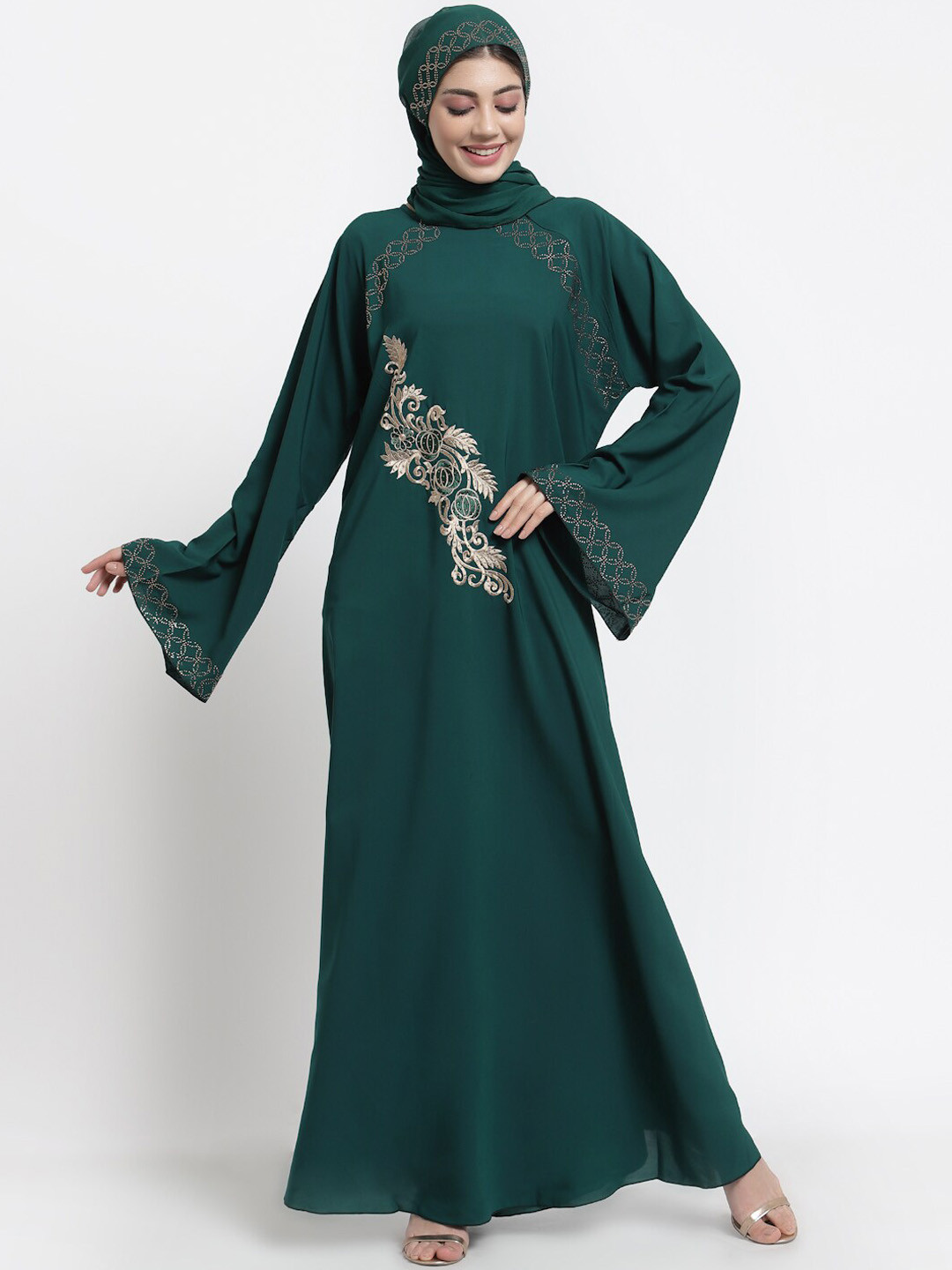 Buy Arrabi Women Green & Beige Embroidered Burqas With Scarf - Burqas ...