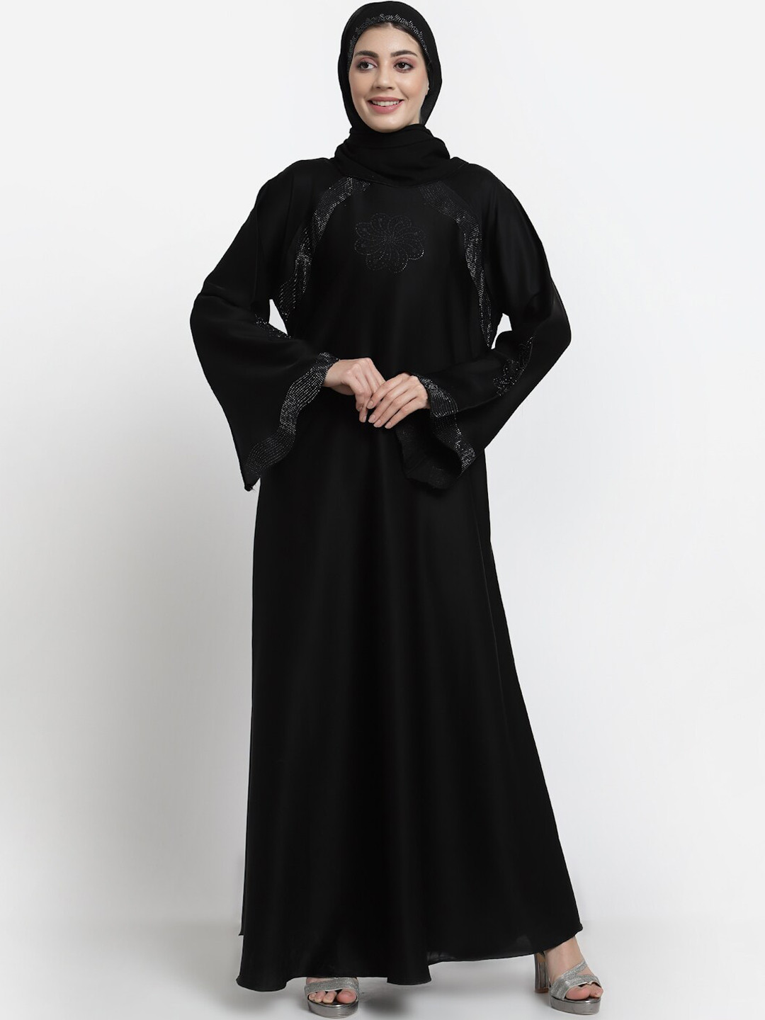 Buy Arrabi Women Black Solid Burqa With Scarf - Burqas for Women ...