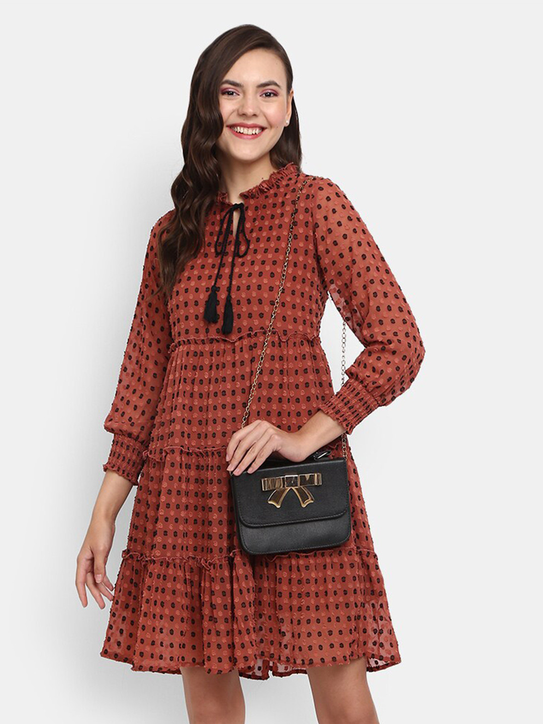 Buy V Mart Rust Geometric Self Design Tie Up Neck A Line Cotton Dress ...