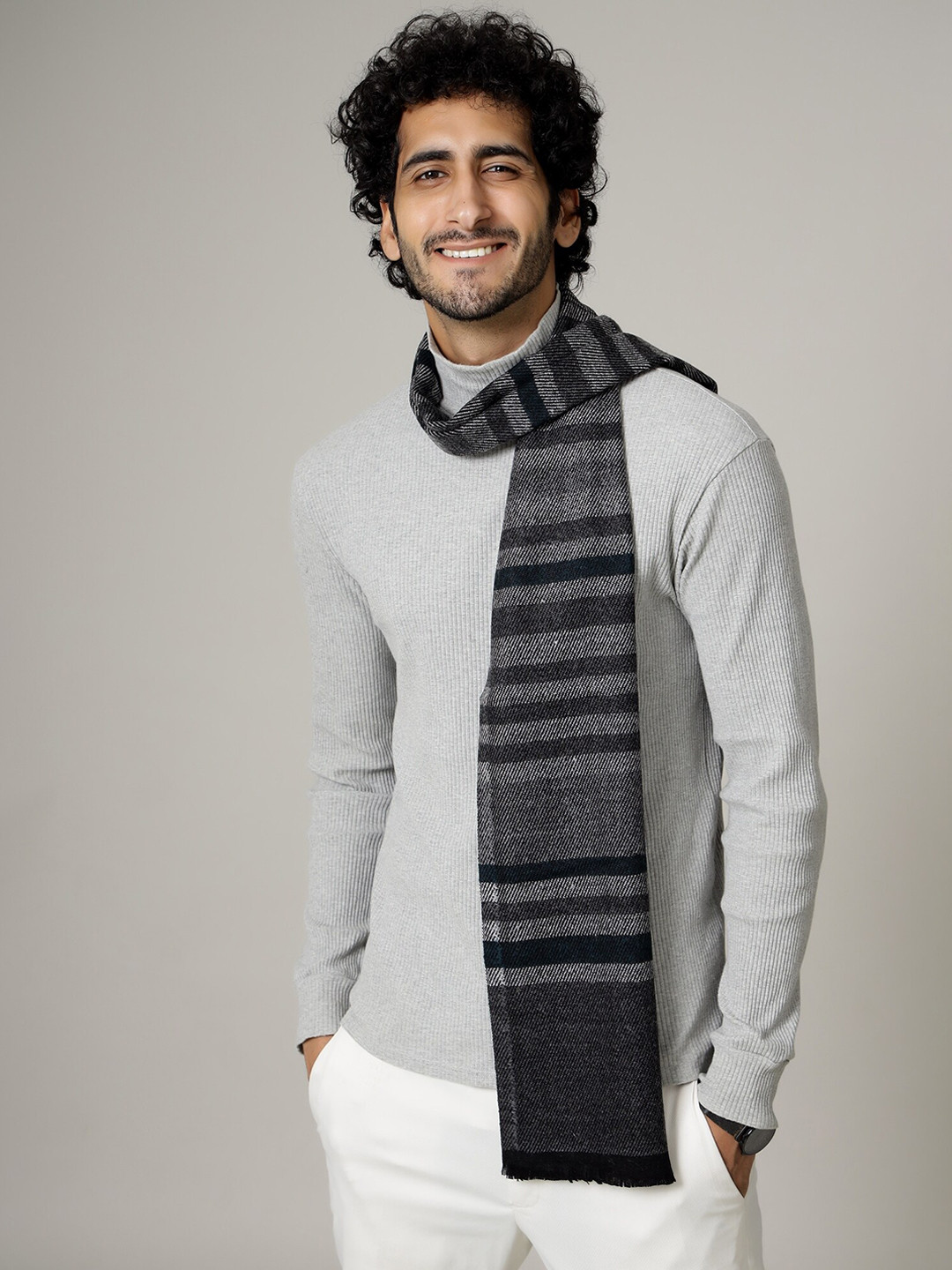 Buy HANDICRAFT PALACE Men Black & Grey Striped Woolen Muffler ...