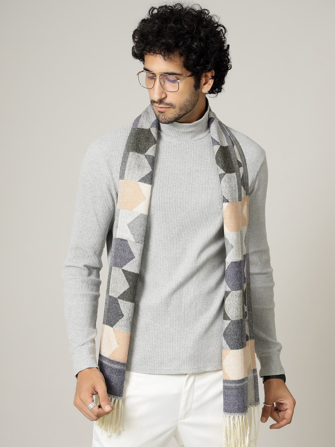 Buy HANDICRAFT PALACE Men Blue & Orange Geometric Printed Muffler ...