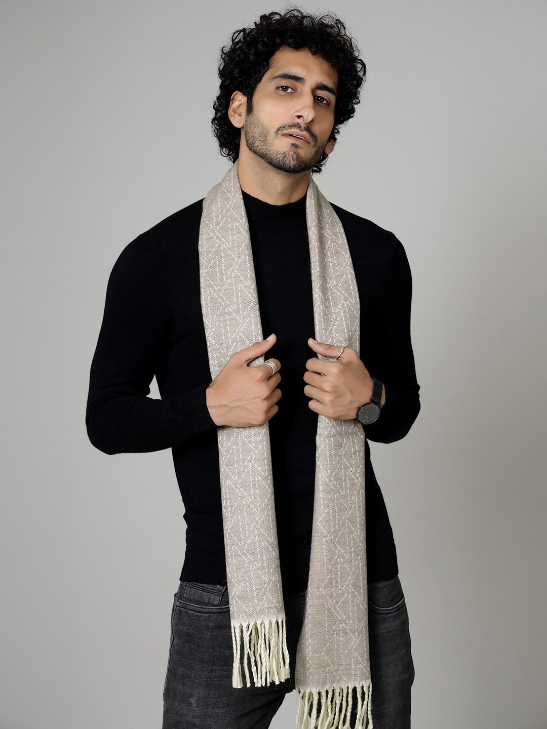 Buy HANDICRAFT PALACE Men Beige Geometric Design Wool Muffler ...