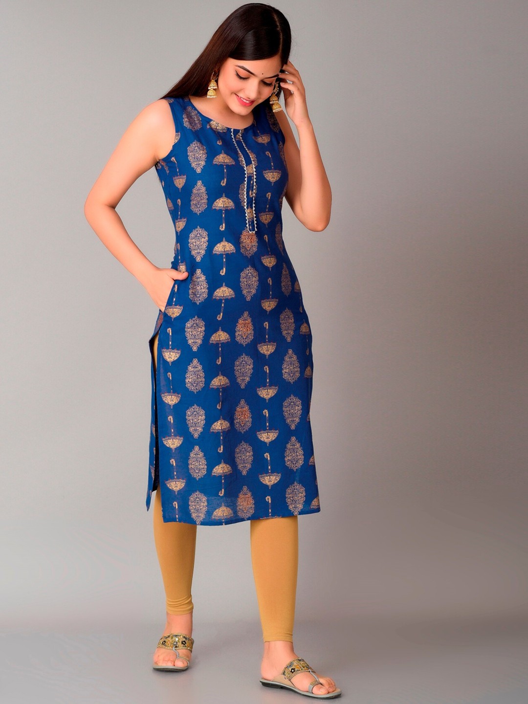 Buy Metro Fashion Women Blue And Gold Toned Ethnic Motifs Printed Pure