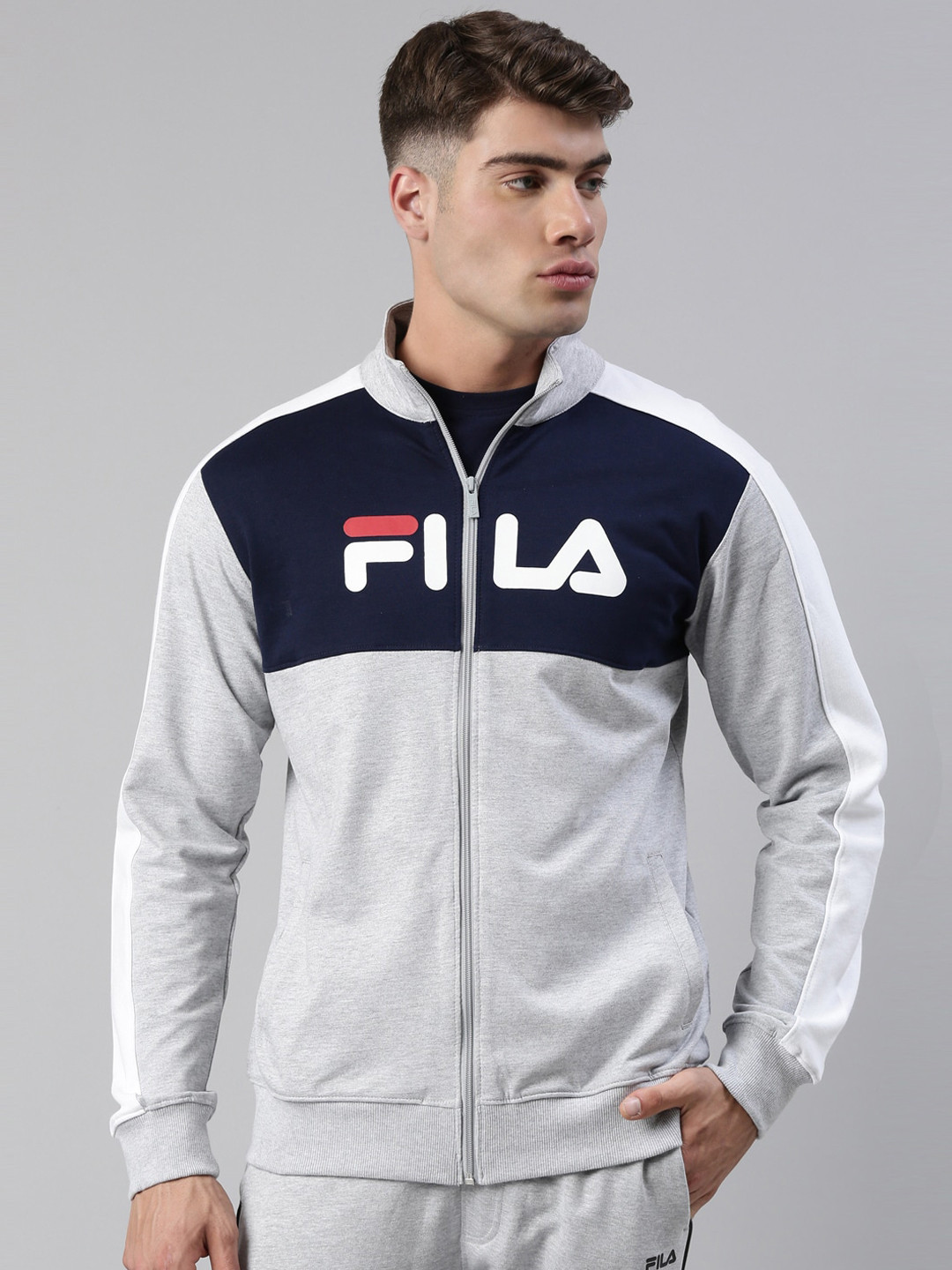 Buy FILA Men Grey Black Colourblocked Cotton Junaid Jkt Sporty Jacket ...