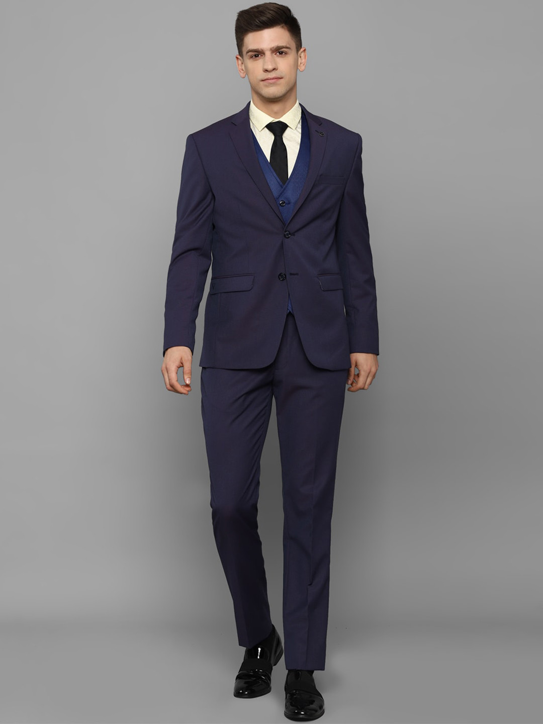 Buy Allen Solly Men Navy Blue Solid Single Breasted Slim Fit 3 Piece ...