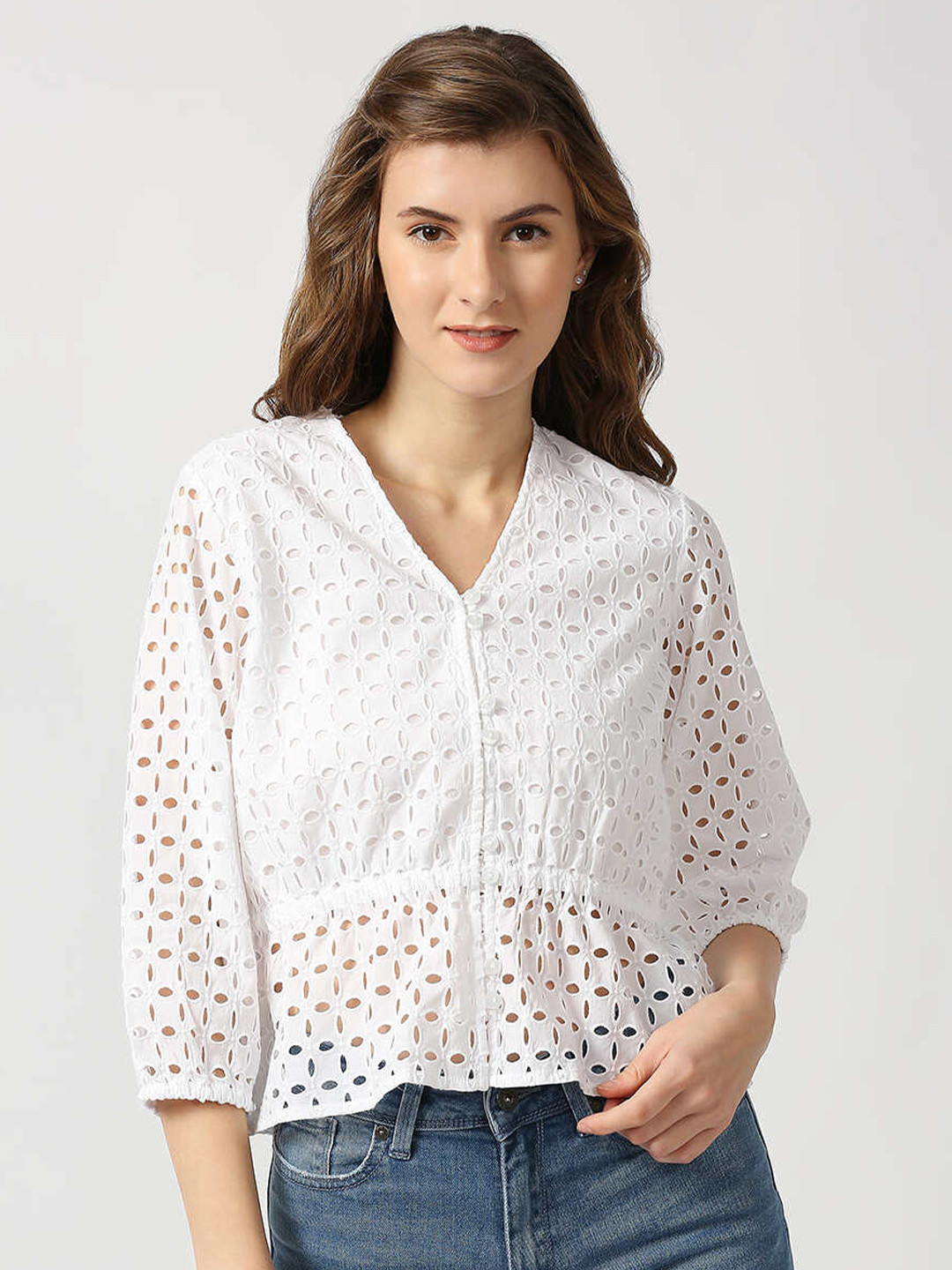 Buy Pepe Jeans Women White Schiffli Pure Cotton Top - Tops for Women ...
