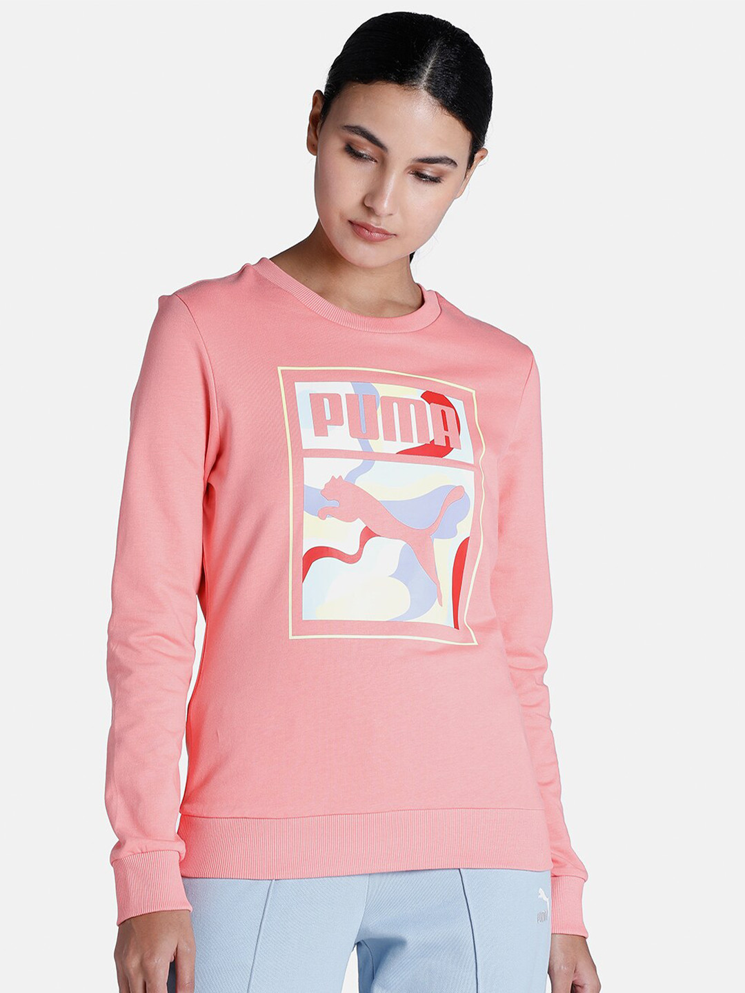 Buy Puma Women Pink Graphic Crew Cotton Regular Fit Sweatshirt ...