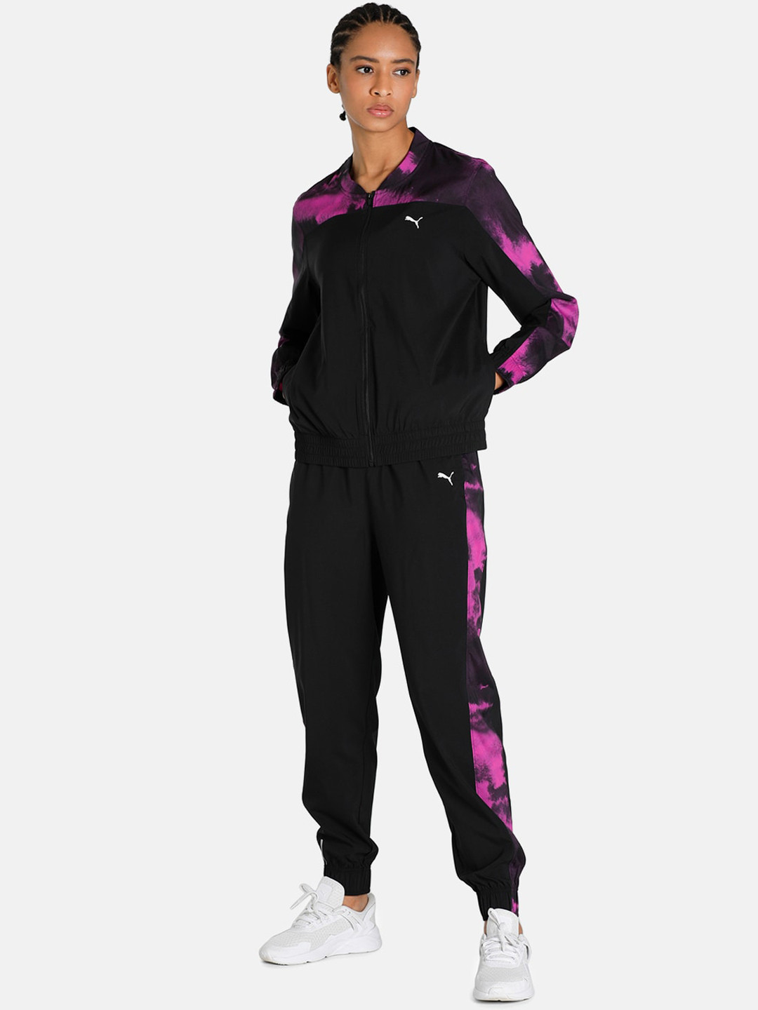 Buy Puma Women Black & Purple Favourite Printed Training Tracksuit ...