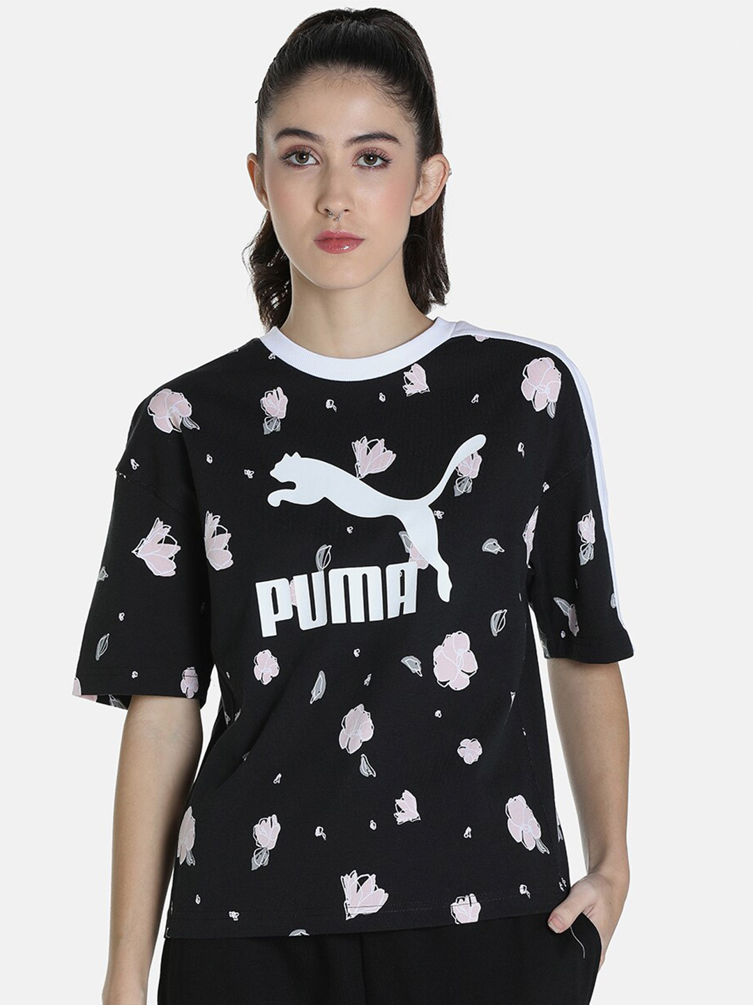 Buy Puma Women Black Floral Relaxed Fit Aop Cotton T Shirt - Tshirts ...
