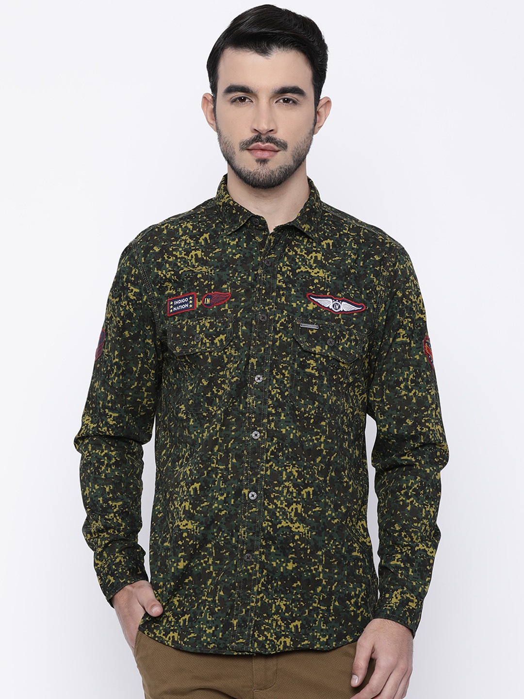 Buy Indigo Nation Men Olive Green Slim Fit Printed Casual Shirt ...