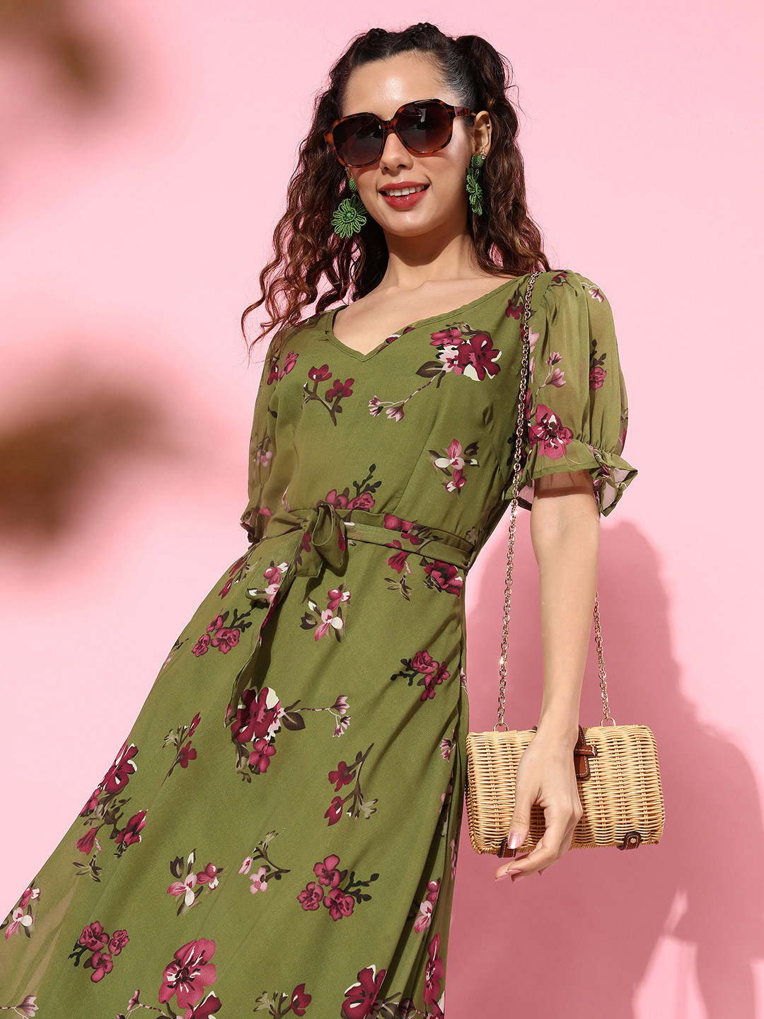 Buy Dressberry Olive Green Floral Print Puff Sleeve Vacay Chill ...