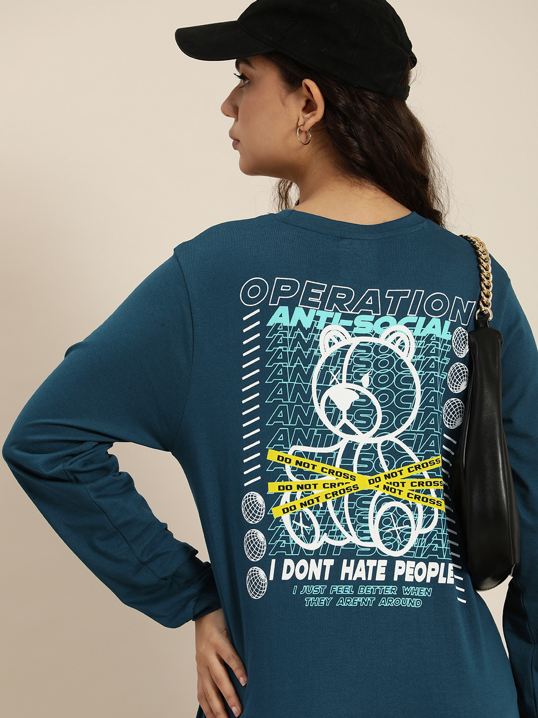 Buy Difference Of Opinion Women Teal Printed Pure Cotton Oversized T ...