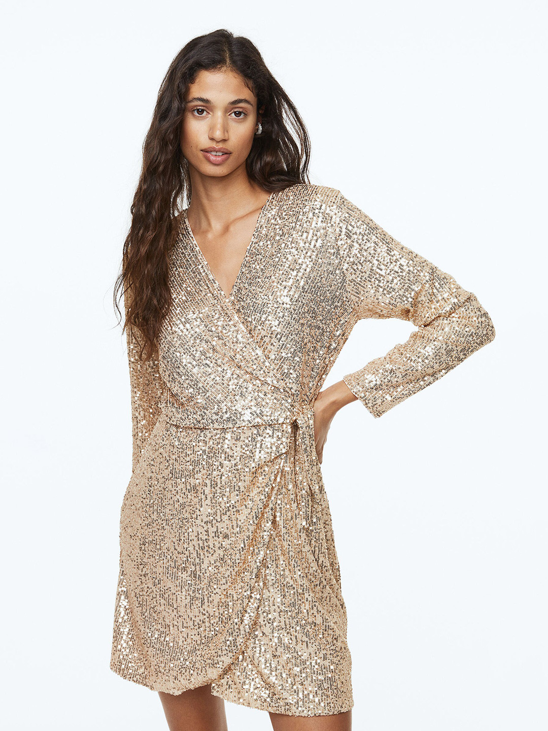 Buy H&M Woman Beige Sequined Wrap Dress - Dresses for Women 20679972 ...