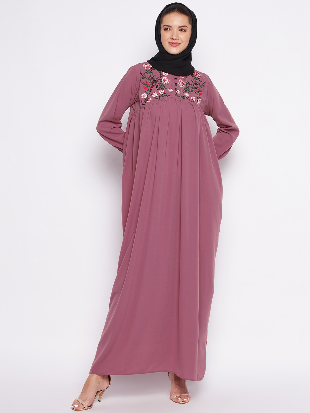 Buy NABIA Women Puce Pink Solid Embroidery Abaya Burqa - Burqas for ...