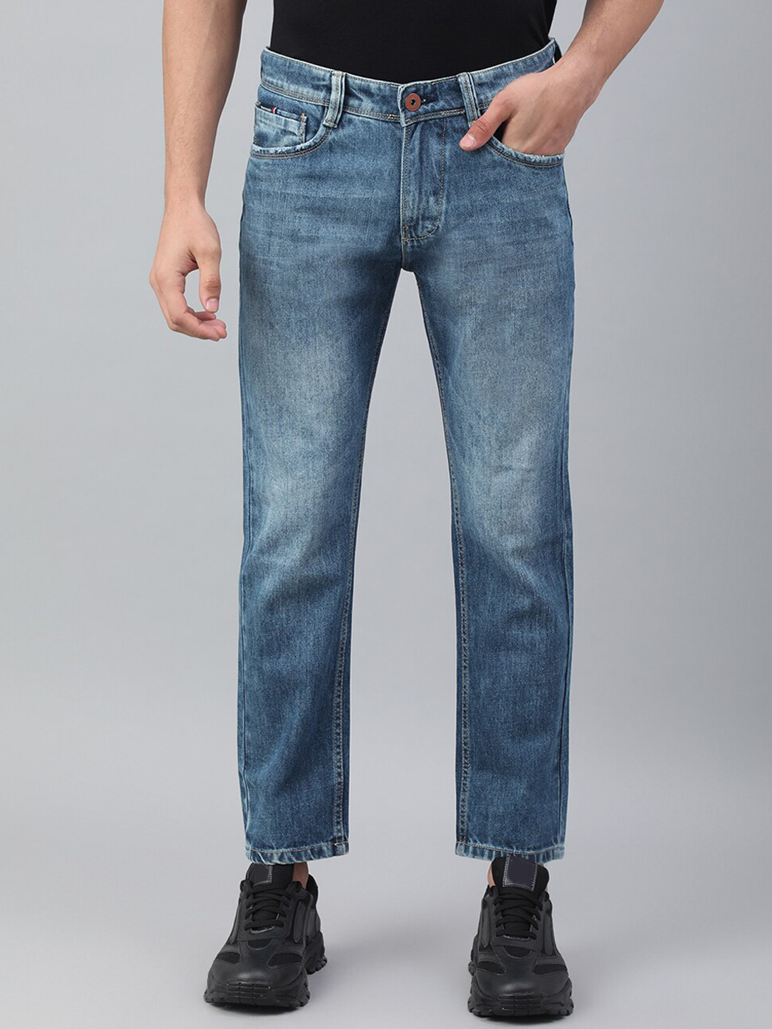 Buy Code 61 Men Turquoise Blue Pure Cotton Slim Fit Low Rise Light Fade ...