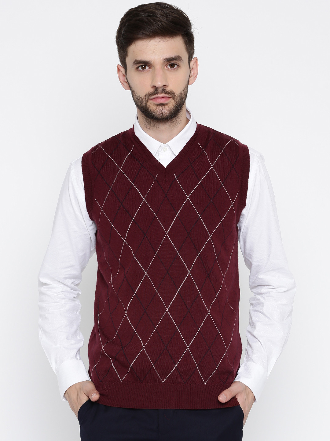 Buy Raymond Men Maroon Patterned Woollen Sweater Vest - Sweaters for ...