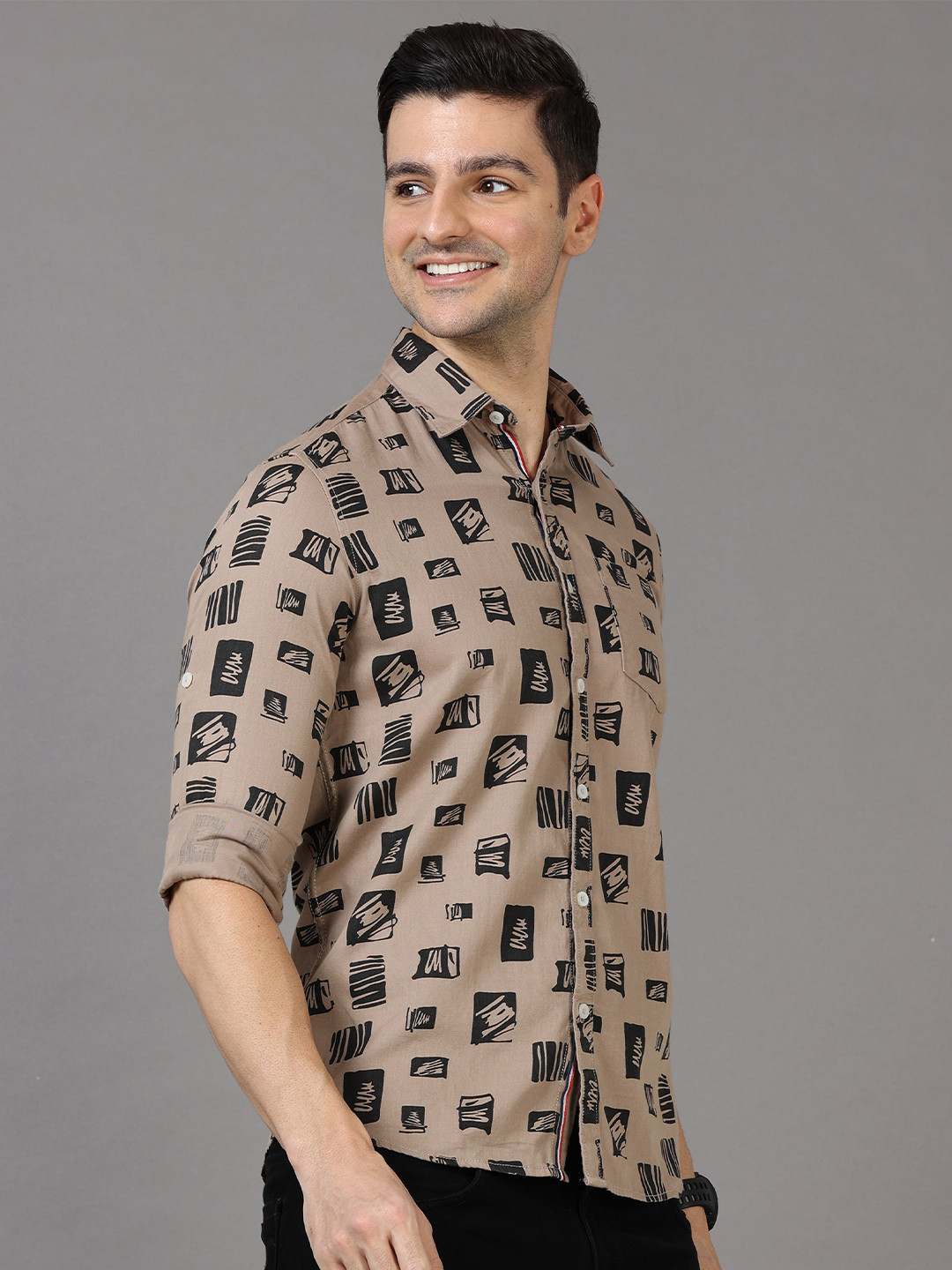 Buy Jean Cafe Men Coffee Brown Premium Slim Fit Printed Pure Cotton ...