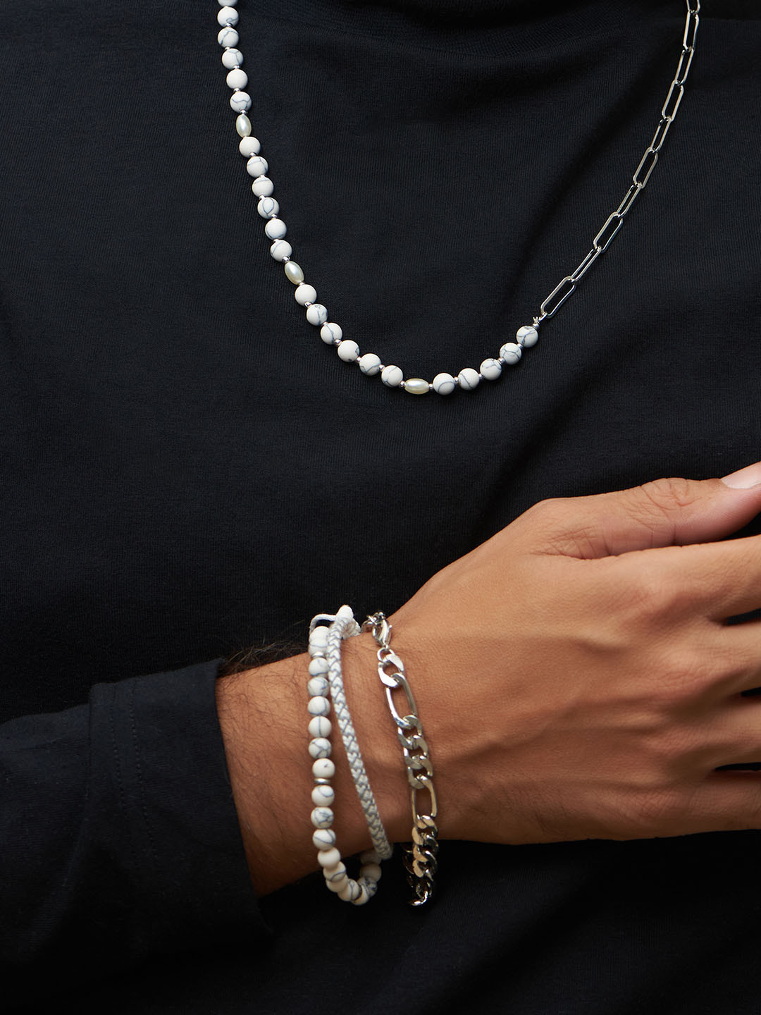 Buy The Bro Code Set Of 4 Sliver Plated & White Bead Studded Jewellery ...