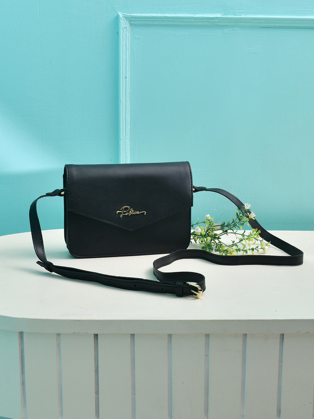 Buy Police Black Leather Structured Sling Bag - Handbags for Women ...