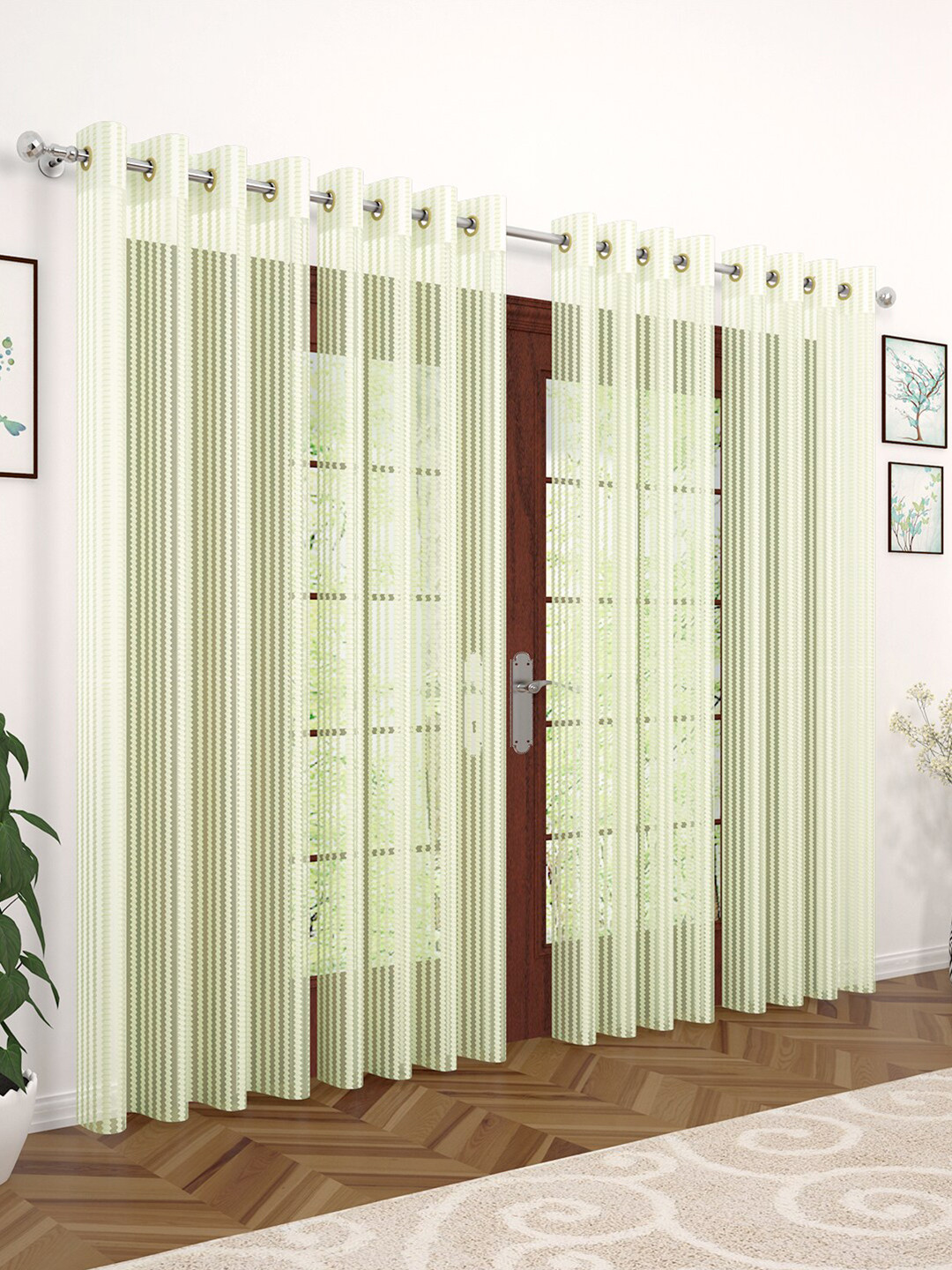 Buy Story@home Off White Set Of 4 Striped Sheer Long Door Curtain ...