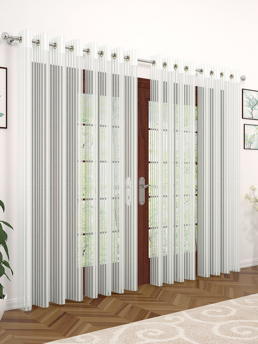 Buy Story@home White Set Of 4 Striped Sheer Long Door Curtain ...