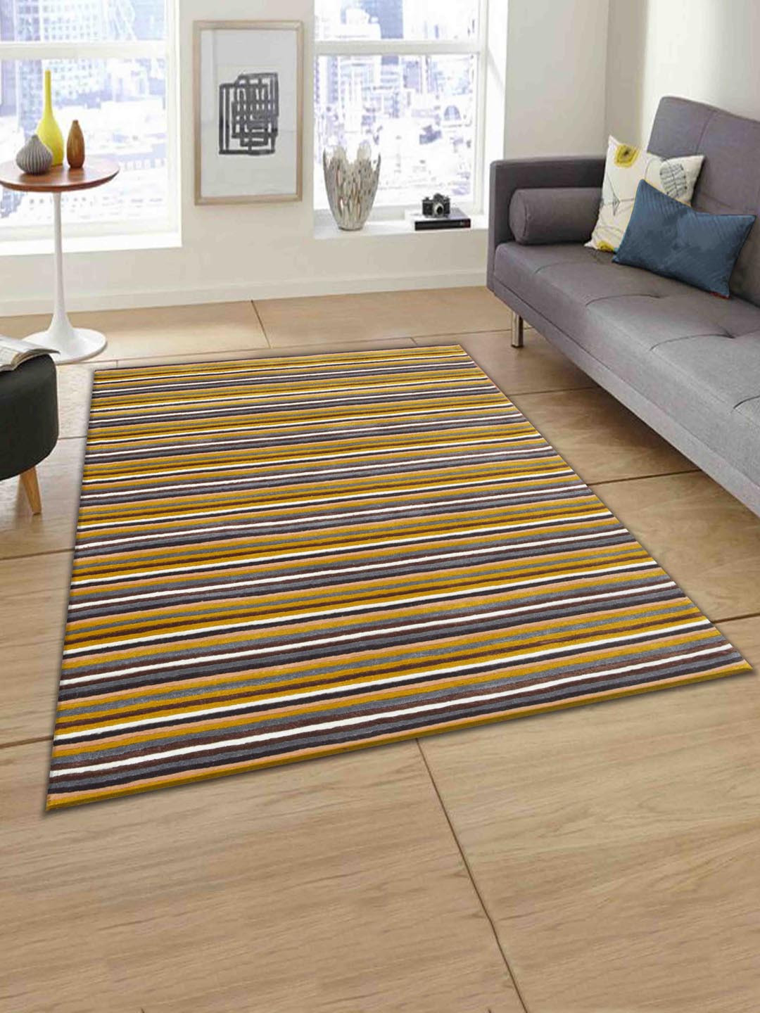 Buy PRESTO Yellow & Blue Striped Hand Tufted Wool Carpet - Carpets for ...