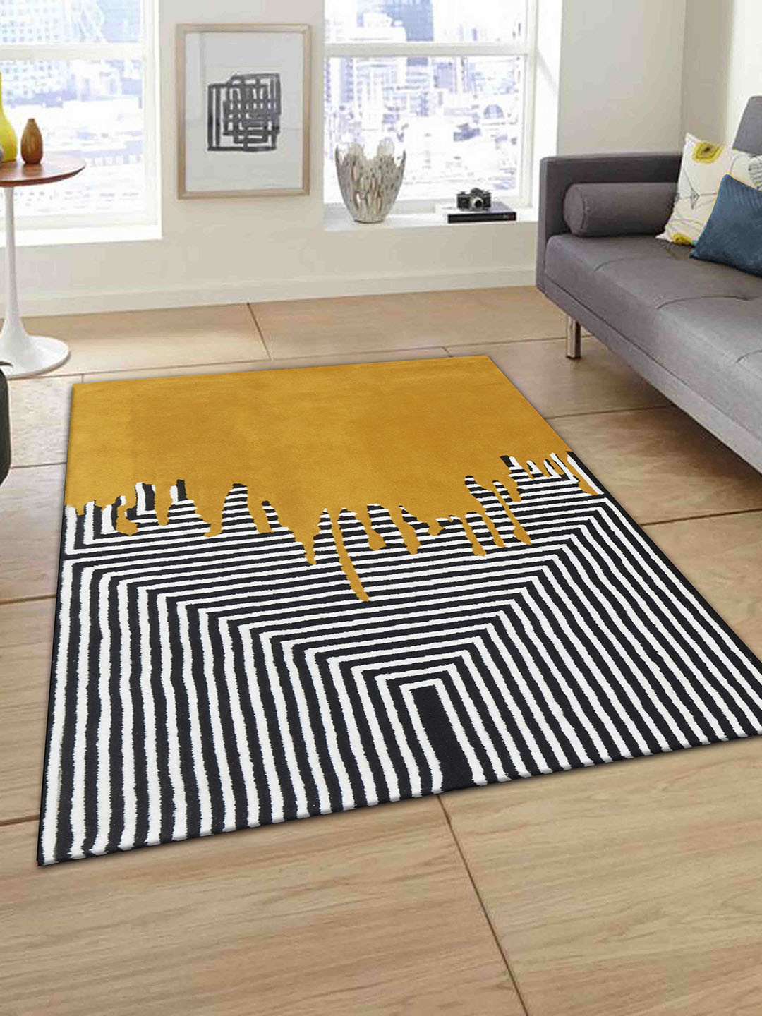 Buy PRESTO Yellow & White Geometric Pattern Hand Tufted Wool Carpet ...