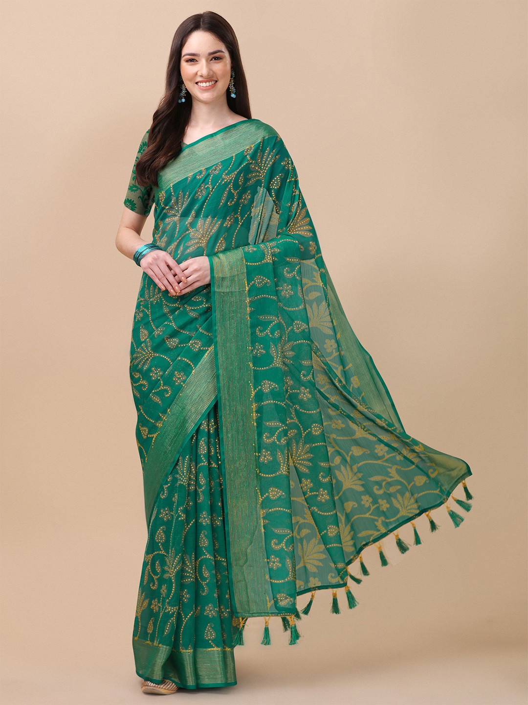 Buy Mitera Green & Beige Floral Printed Saree - Sarees for Women ...