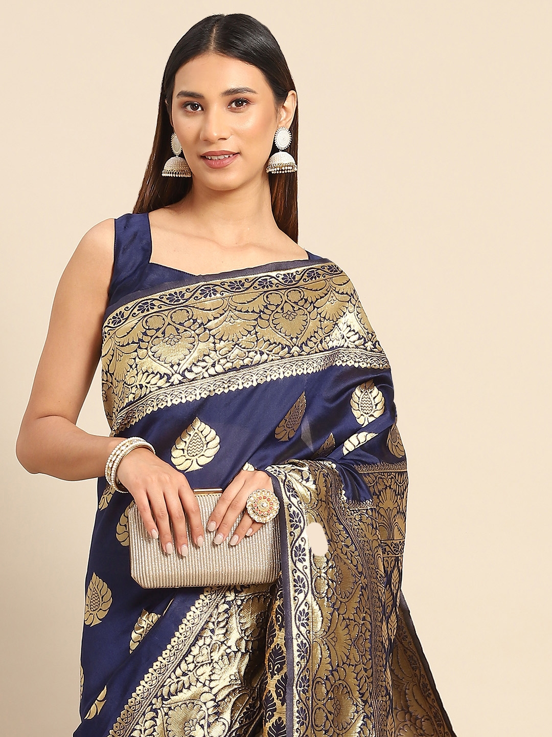 Buy Anouk Navy Blue And Gold Toned Ethnic Motifs Silk Blend Banarasi