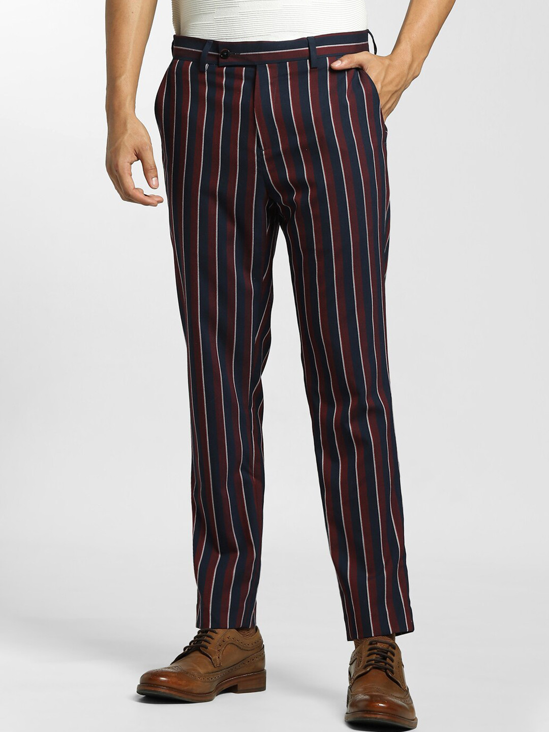 Buy Jack & Jones Men Maroon Striped Slim Fit Trousers - Trousers for ...