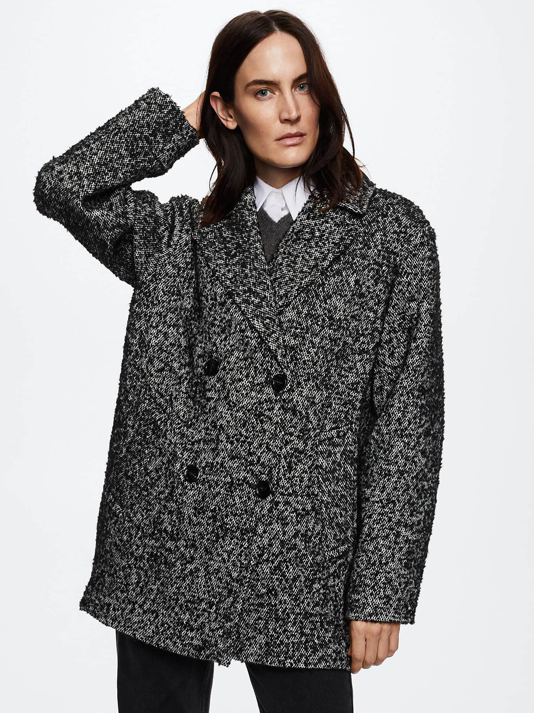 Buy MANGO Women Black & White Flecked Double Breasted Textured Overcoat ...