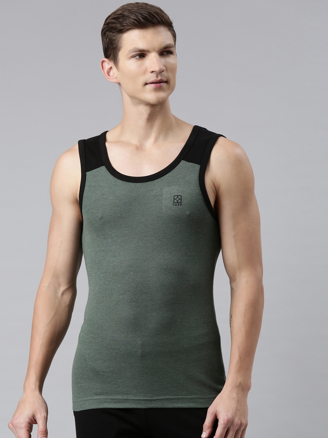Buy Faso Men Olive Green And Black Solid Organic Cotton Innerwear Vests