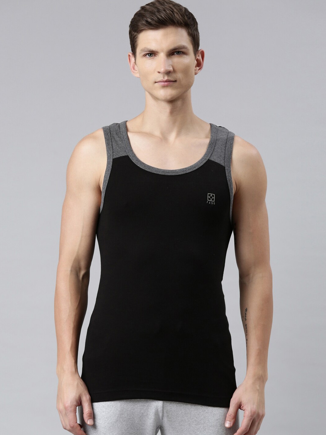 Buy Faso Men Black And Grey Solid Organic Cotton Innerwear Vests