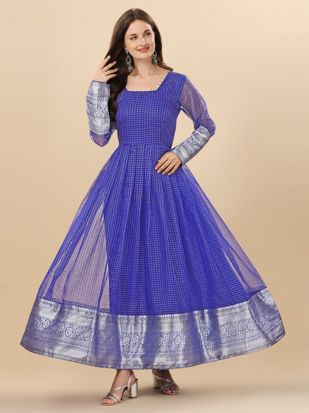 Buy Vidraa Western Store Blue Checked Jacquard Ethnic Maxi Dress ...